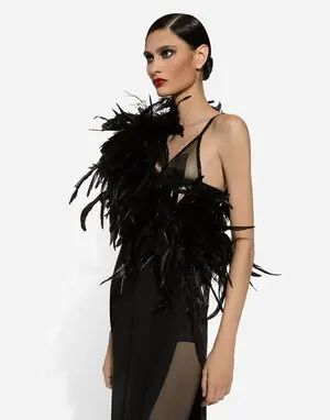 Dolce & Gabbana Long One-shoulder Stretch Cady Dress With Feathered Neckline