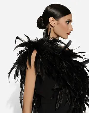 Dolce & Gabbana Long One-shoulder Stretch Cady Dress With Feathered Neckline