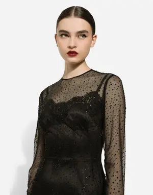 Dolce & Gabbana Long Tulle Dress With Rhinestone Embellishment