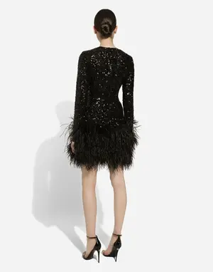 Dolce & Gabbana Sequined Dress With Feather Trim
