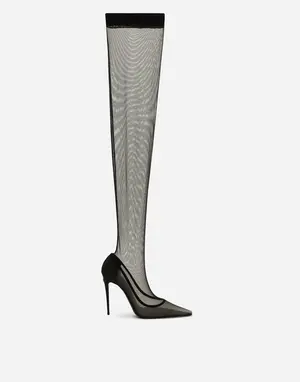 Dolce & Gabbana Stretch Tulle Thigh-high Boots With Dg Logo