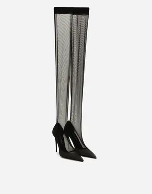 Dolce & Gabbana Stretch Tulle Thigh-high Boots With Dg Logo