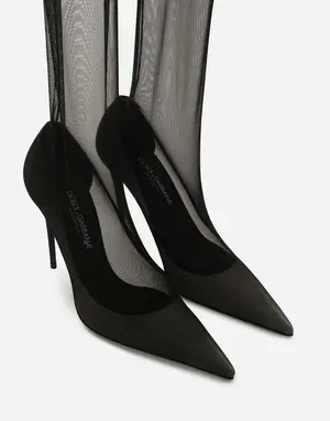Dolce & Gabbana Stretch Tulle Thigh-high Boots With Dg Logo