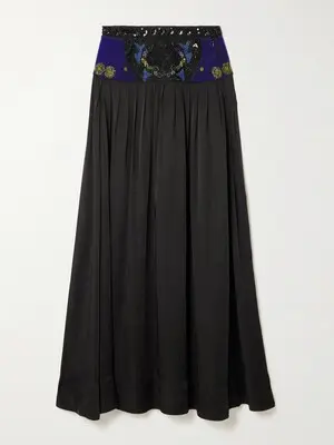 BODE Deco Collage Embellished Pleated Satin Maxi Skirt