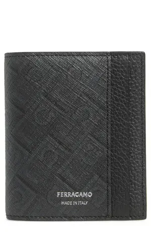 FERRAGAMO Gancio Monogram Vertical Leather Bifold Wallet - Nero/ Grigio Flame Red