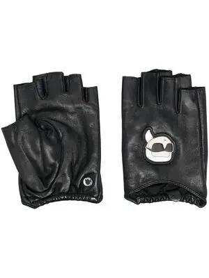 Karl Lagerfeld Ikon Leather Fingerless Gloves - Black