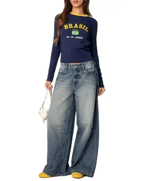 EDIKTED Brasil Embroidered Long Sleeve T-shirt