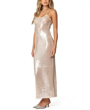 EDIKTED Sheer Sequin Slitted Maxi Dress