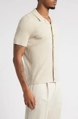 OPEN EDIT Ribbed Camp Collar Cardigan - Beige Birch