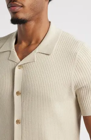 OPEN EDIT Ribbed Camp Collar Cardigan - Beige Birch