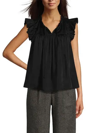 LANDS' END Split Neck Satin Ruffle Blouse - Black