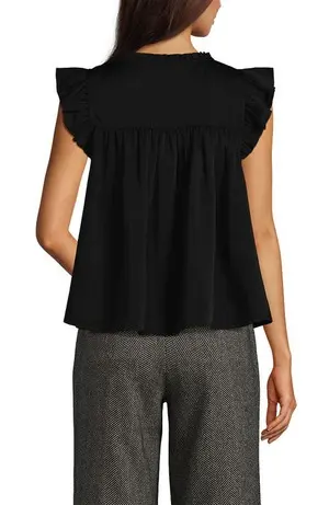 LANDS' END Split Neck Satin Ruffle Blouse - Black