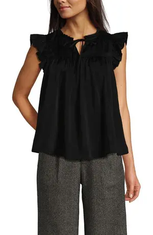 LANDS' END Split Neck Satin Ruffle Blouse - Black