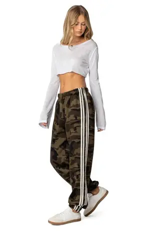 EDIKTED Camo Contrast Stripe Sweatpants