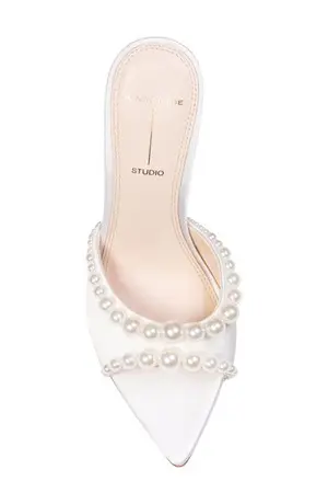 BLACK SUEDE STUDIO Gigi Pearly Beaded Stiletto Slide Sandal - White Satin