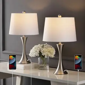 JONATHAN Y Bennett Modern Glam Iron Hourglass Led Table Lamp With Usb Charging Port - Nickel