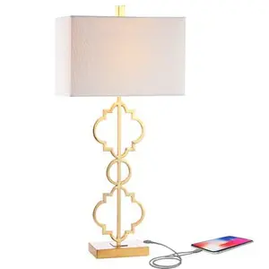 JONATHAN Y Selina Iron Ogee Trellis Modern Led Usb Table Lamp - Gold Leaf