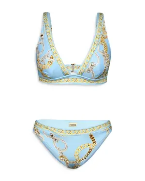 L'Agence Lexie Chain Print V-neck Bikini Top - Sky