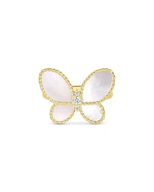 Roberto Coin 18k Yellow Gold Jasmine Mother Of Pearl & Diamond Butterfly Ring - Ivory/gold