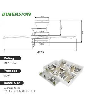 GOUUN 52 Inch Flush Mount Ceiling Fan With Led