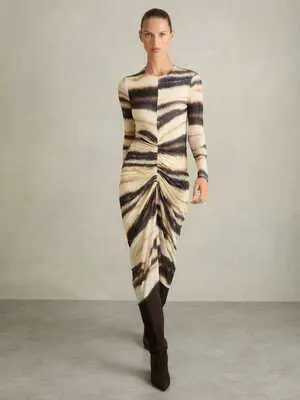 REISS Georgia Jersey Ruched Printed Dress - Neutral/navy