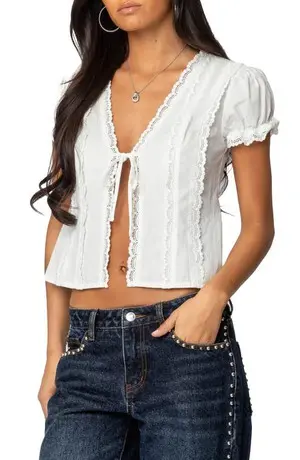 EDIKTED Tie Front Scalloped Top - White