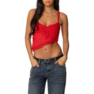 EDIKTED Ruffle Asymmetric Crop Top - Red