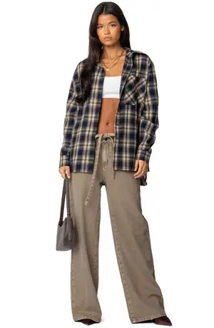 EDIKTED Plaid Flannel Button-up Shirt