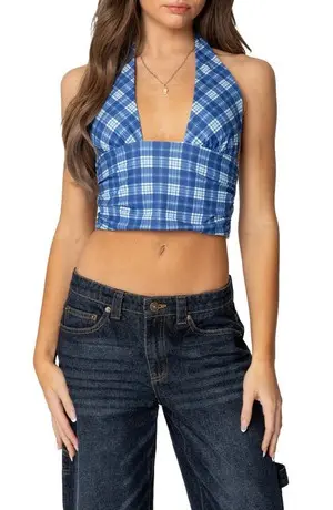 EDIKTED Plaid Crop Halter Top