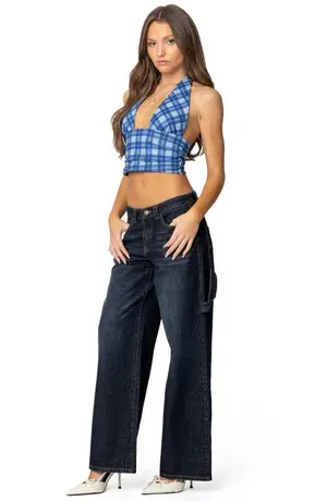 EDIKTED Plaid Crop Halter Top
