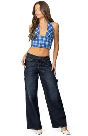EDIKTED Plaid Crop Halter Top