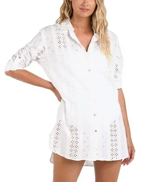 La Blanca Eyelet Camp Shirt Swim Cover-up - Ivory