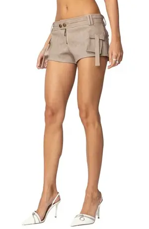 EDIKTED Faux Leather Micro Cargo Shorts - Beige