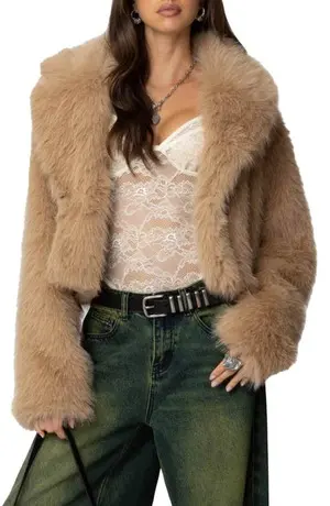 EDIKTED Sierra Faux Fur Jacket - Camel
