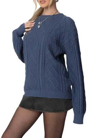 EDIKTED Jessy Oversize Cable Stitch Sweater - Blue