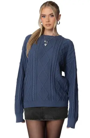 EDIKTED Jessy Oversize Cable Stitch Sweater - Blue