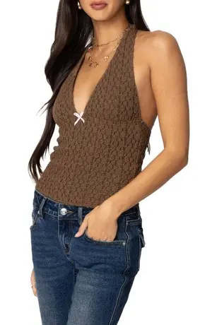 EDIKTED Willow Texture Halter Top - Brown
