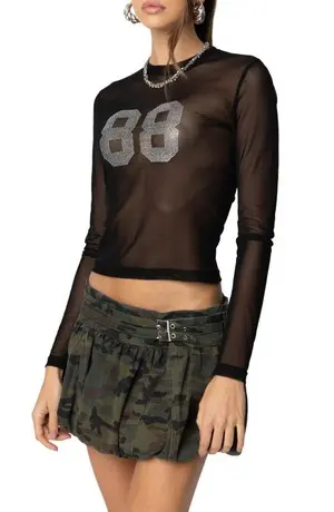 EDIKTED Rhinestone Mesh Top
