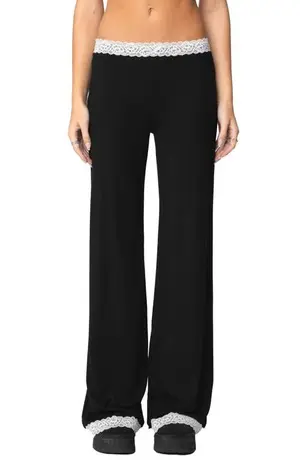 EDIKTED Domino Lace Trim Wide Leg Pants