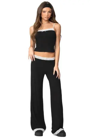 EDIKTED Domino Lace Trim Wide Leg Pants