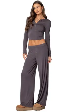 EDIKTED Long Sleeve Crop Henley - Gray