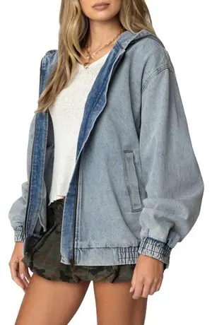 EDIKTED Denim Zip Up Hooded Jacket