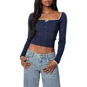EDIKTED Ansley Cotton Stitch Top - Navy