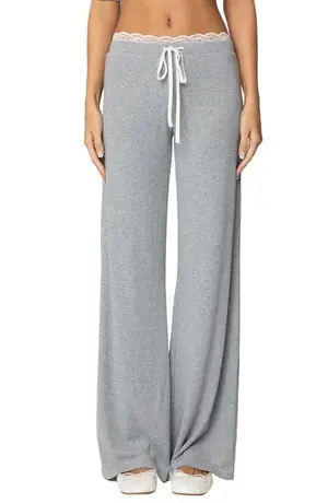 EDIKTED Peekaboo Lace Trim Knit Wide Leg Pants - Gray-melange