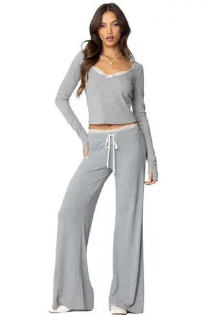 EDIKTED Peekaboo Lace Trim Knit Wide Leg Pants - Gray-melange