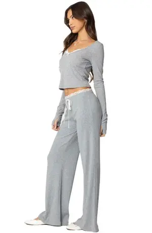 EDIKTED Peekaboo Lace Trim Knit Wide Leg Pants - Gray-melange