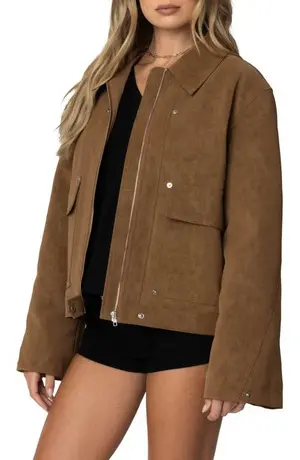 EDIKTED Oversized Faux Suede Jacket - Camel