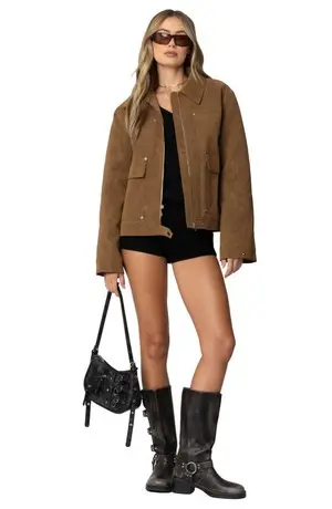 EDIKTED Oversized Faux Suede Jacket - Camel