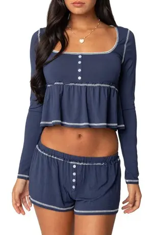 EDIKTED Arianne Long Sleeve Babydoll Top - Navy