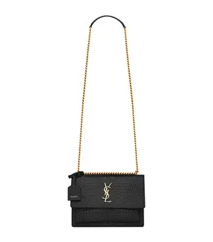 Saint Laurent Medium Sunset Croc-embossed Shoulder Bag - Black